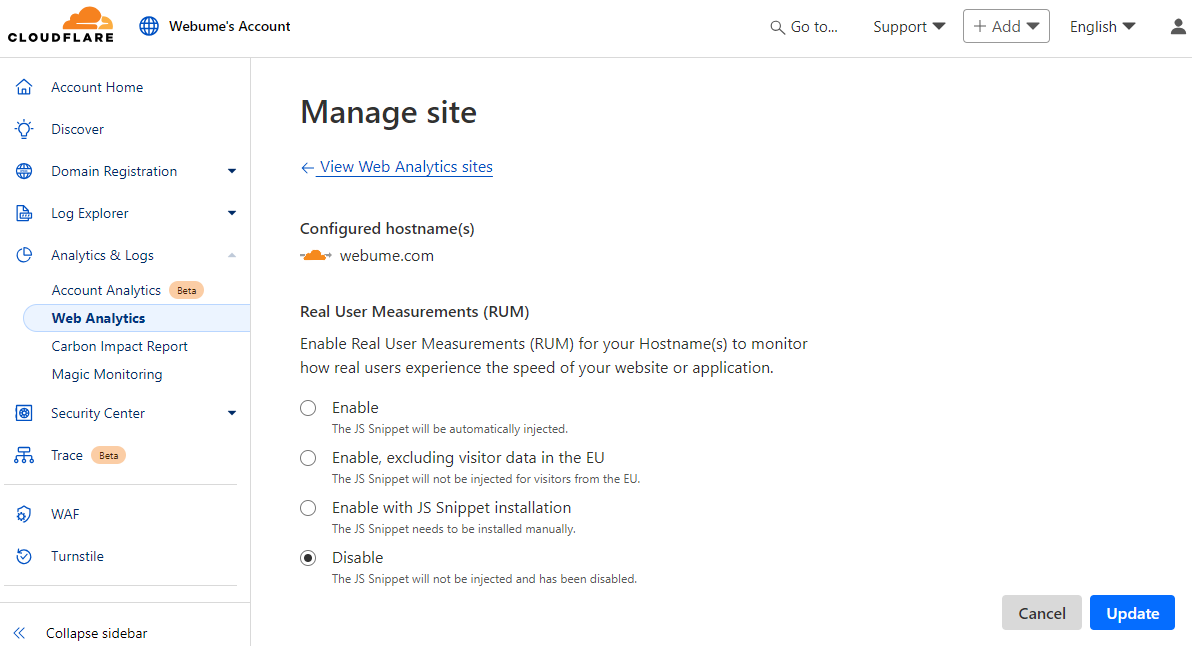 How to turn off CloudFlare Insights for your website